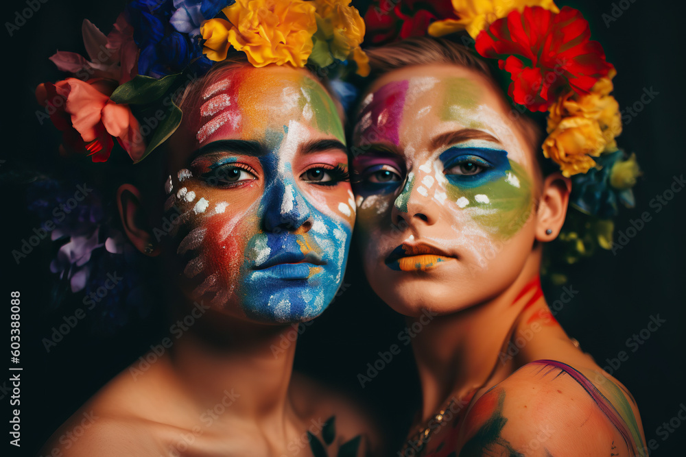 Generative AI illustration of sensual young LGBT lesbian women with ...