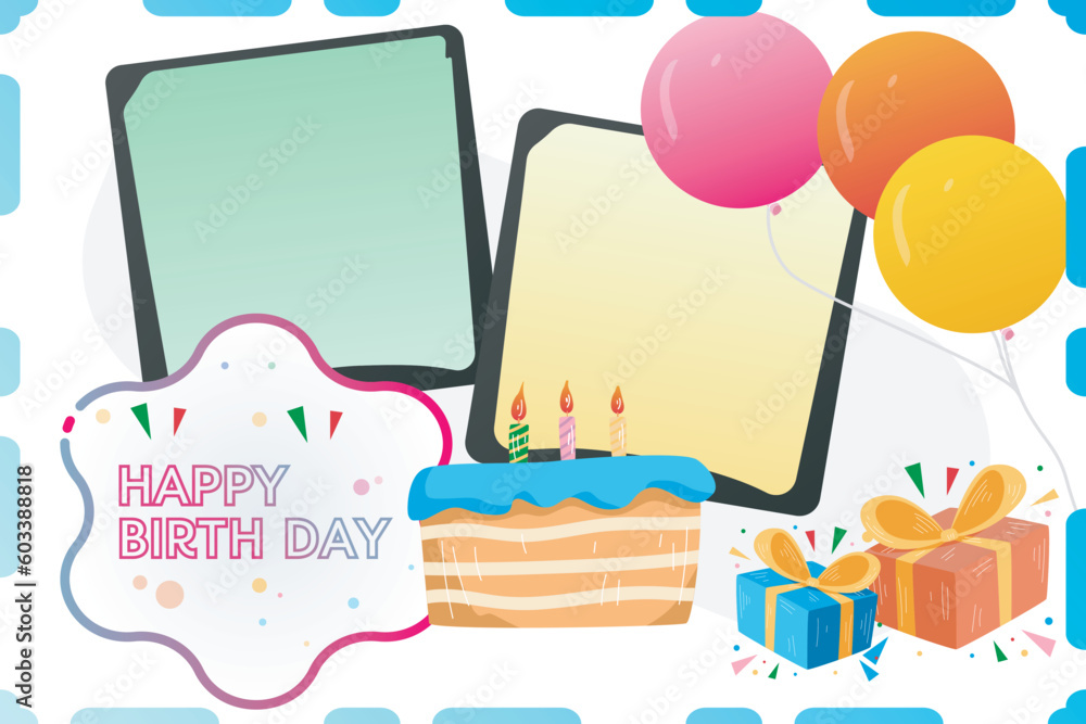 Happy birthday background design photo frame vector illustration Stock ...