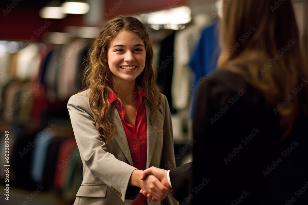 Foto de Teenage girl experiencing her first job offer, engaging in a handshake with her new ...