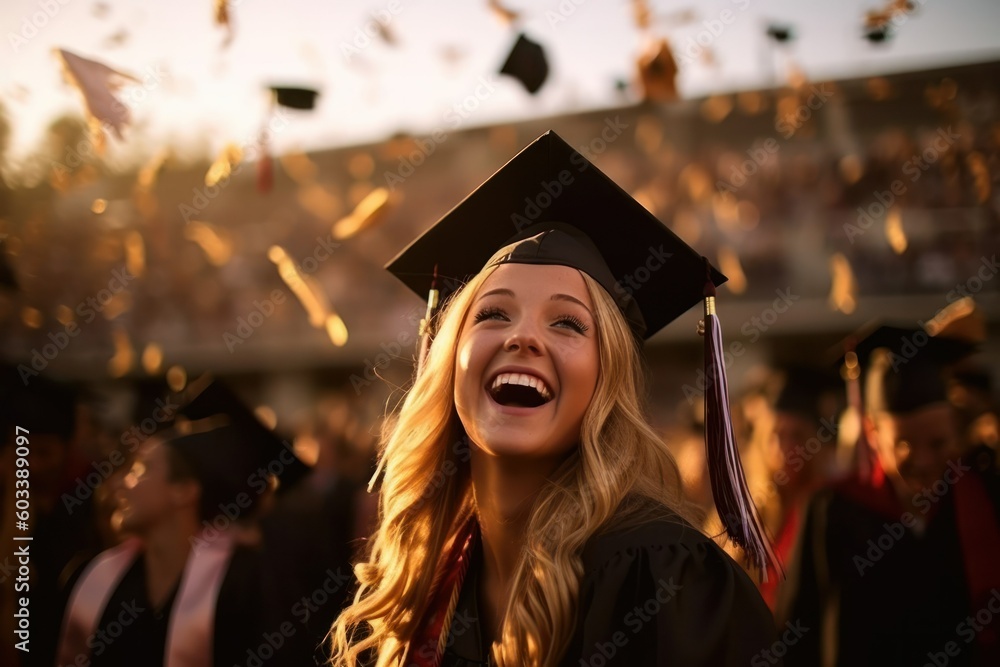 High school or college graduation scene with joyful graduates, candidly ...