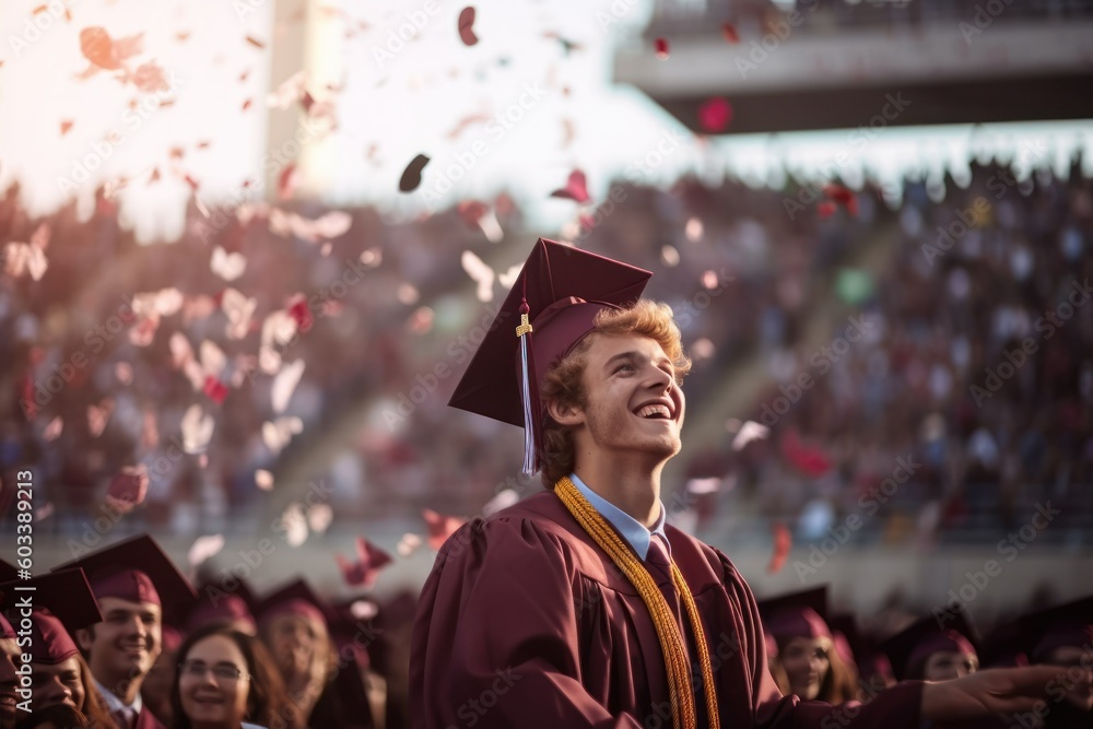 High school or college graduation scene with joyful graduates, candidly ...