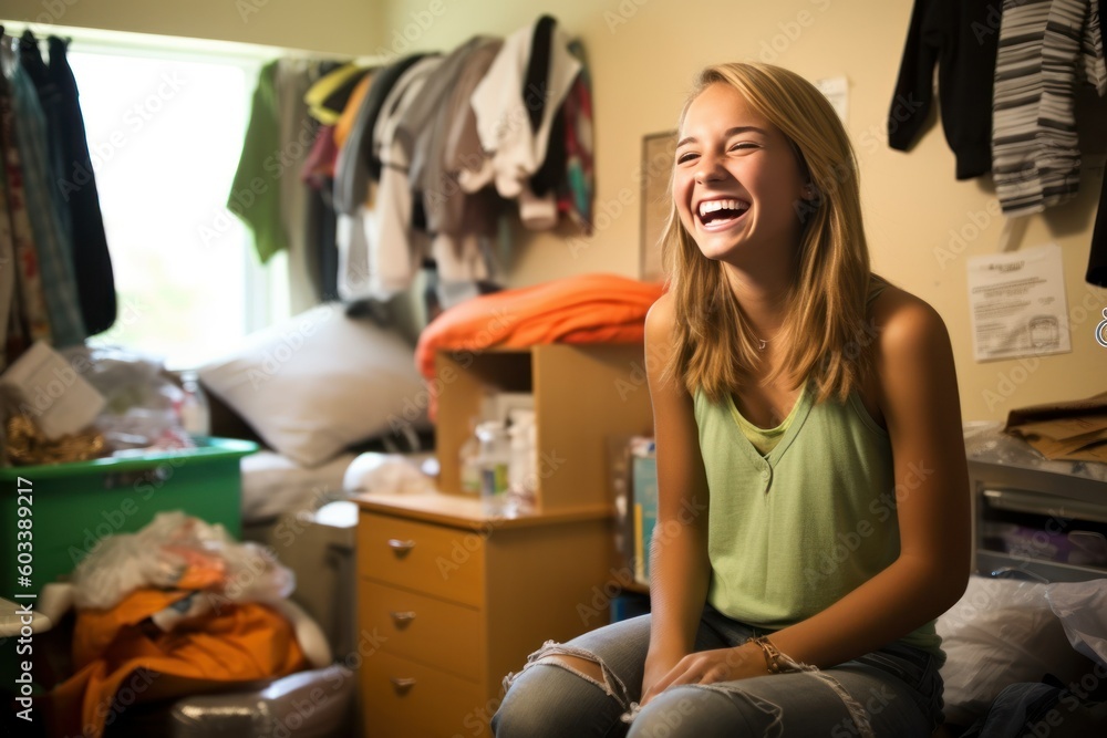 Female college freshman candidly unpacking, moving into her university ...