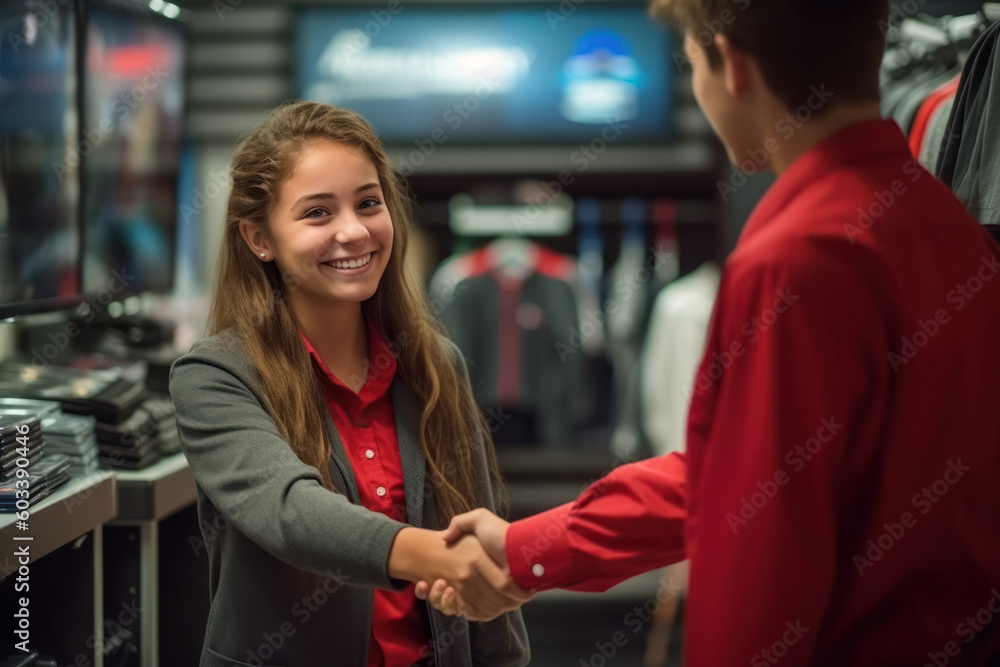 Teenage girl experiencing her first job offer, engaging in a handshake with her new manager, a ...