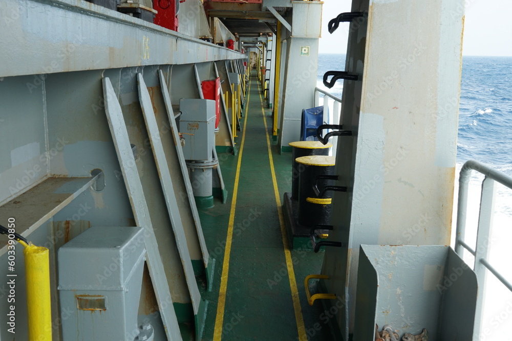 Well maintained main deck of the container vessel on the starboard side ...