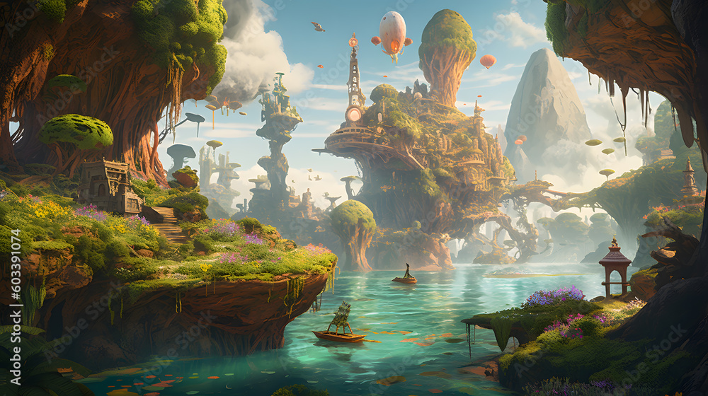 A fantastical comic-inspired landscape, with floating islands ...