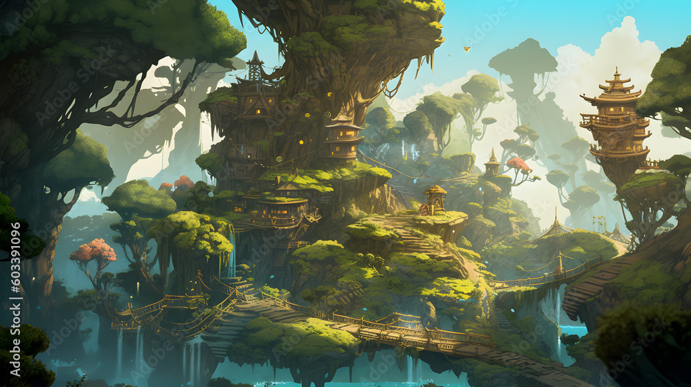 A fantastical comic-inspired landscape, with floating islands ...