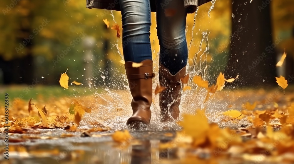 Woman wearing rain flexible boots walking running and bouncing into ...