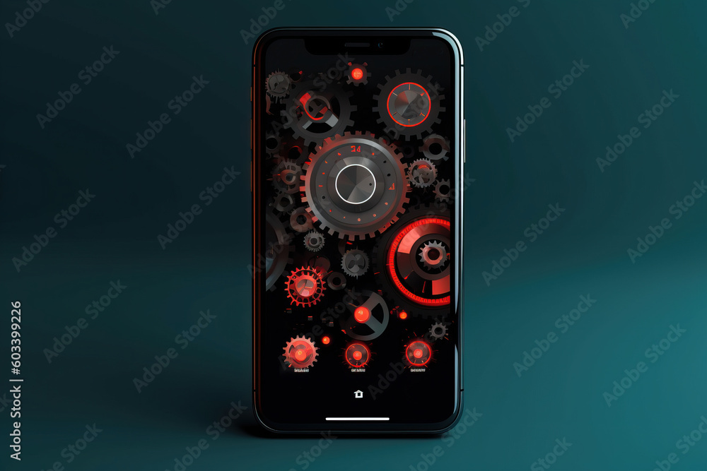 Generative AI illustration of modern mobile phone with cogwheels on ...