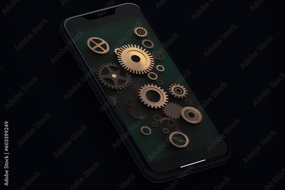 Generative AI illustration with top view of modern mobile phone having ...
