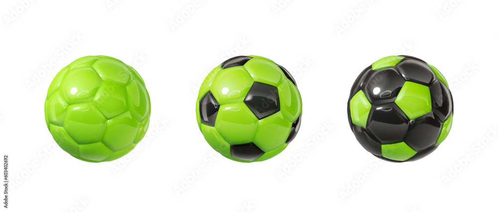 Green and black glossy football balls isolated design elements on ...