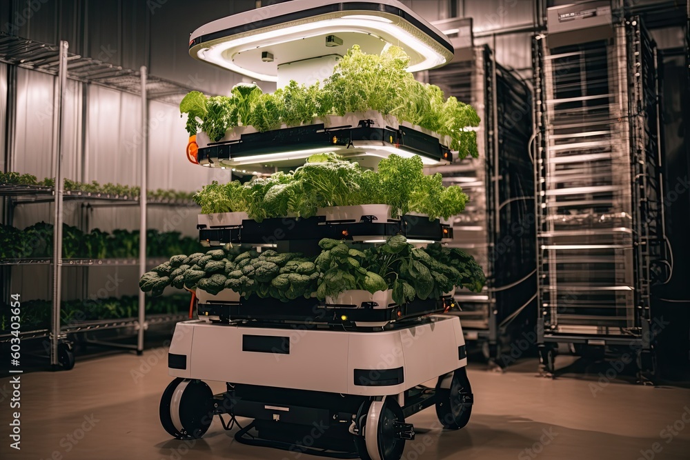Autonomous delivery robot at vertical farming hydroponics facility, Modern sustainable carbon ...