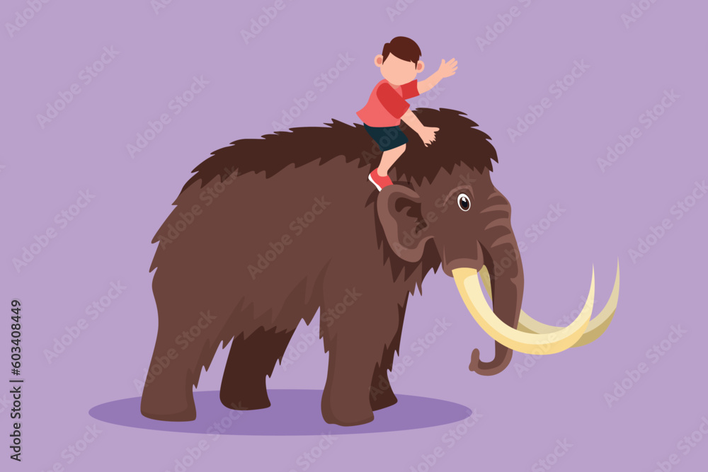 Character flat drawing of bravery little boy caveman riding woolly ...