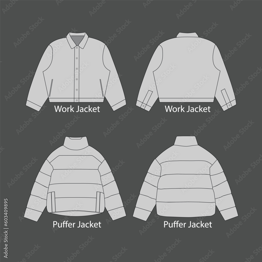 Streetwear Puffer jacket, technical drawing mockup. Jacket technical ...