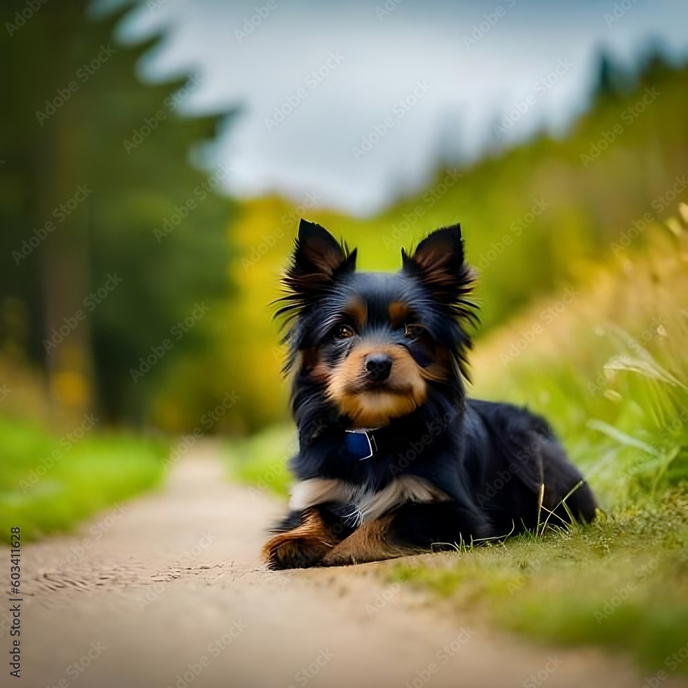 Perrito negro tipo pincher al fonde al fondo hay un caminero en la ...