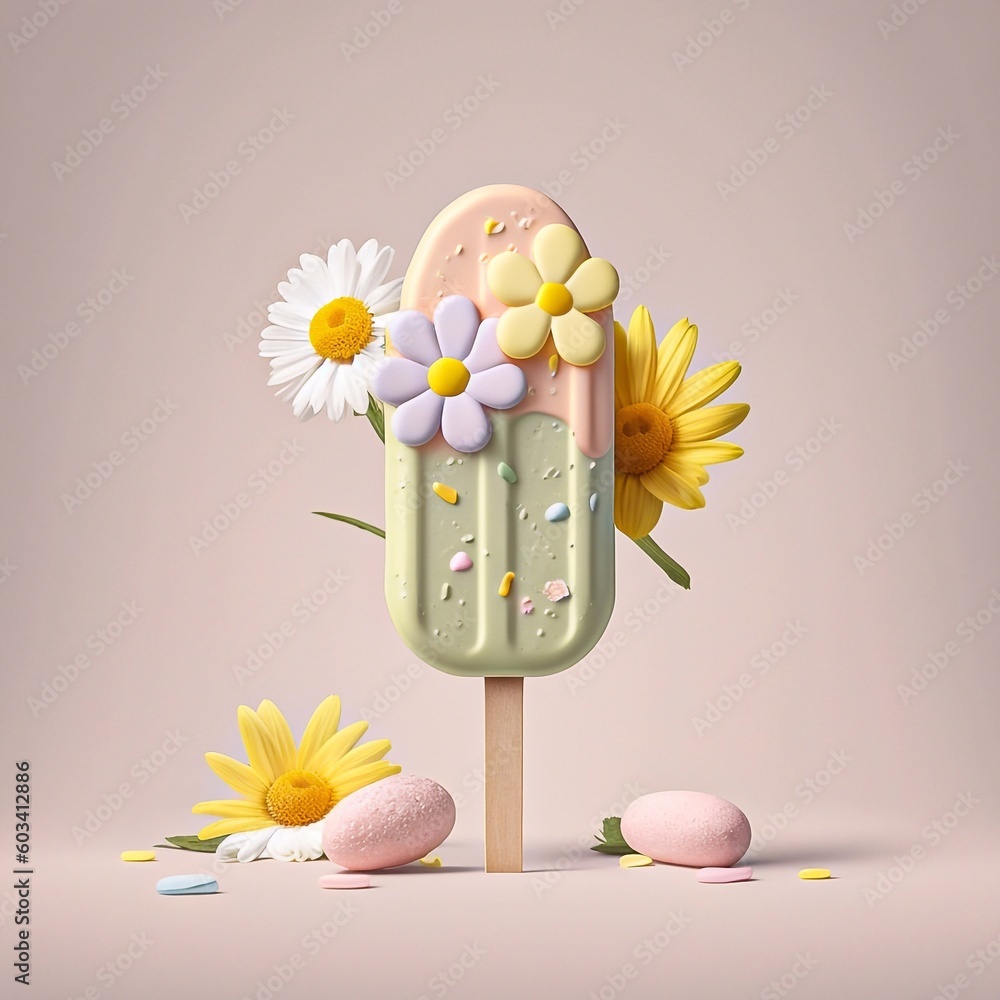 popsicle with summer flowers on pastel backdrop. Cover for menu ...