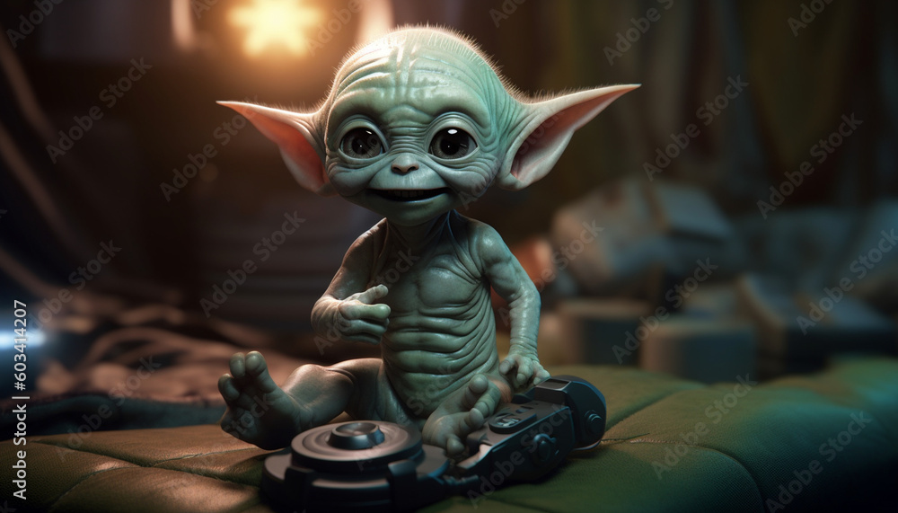 Baby Alien playing games. Baby alien gammer surprised. Creature holding ...