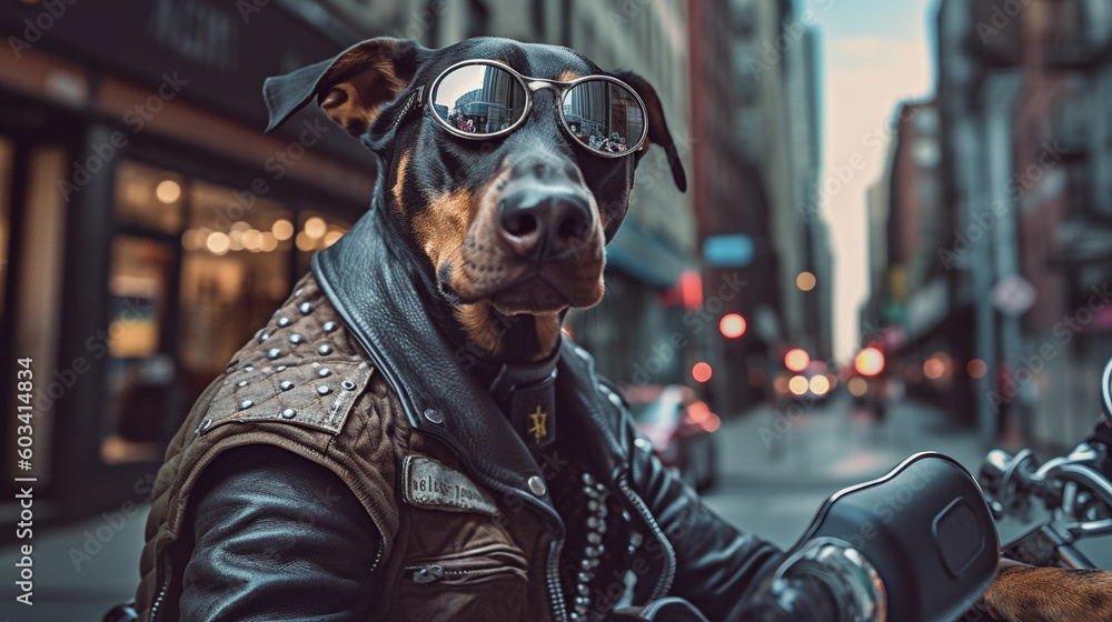 AI Doberman in rocker style riding his bike in New york city Stock ...