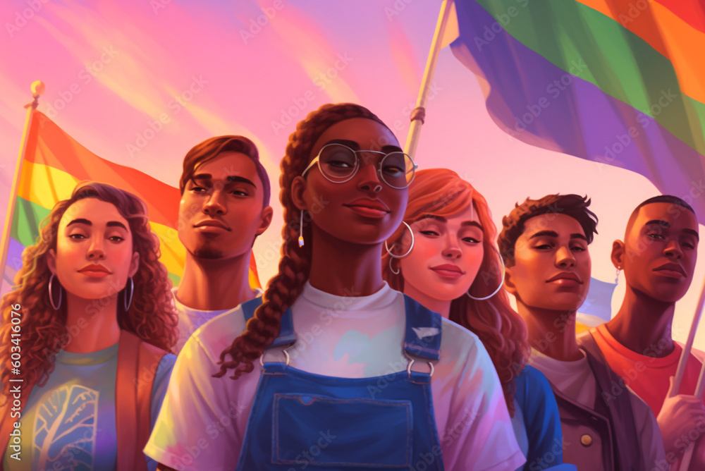 Cartoon illustration of group of LGBTQ+ people. Generative AI Stock ...