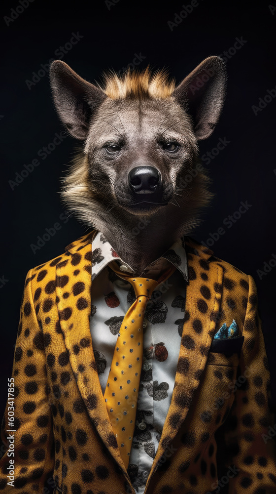 Hyena dressed in a modern yellow suit with a polka dot tie. Fashion ...