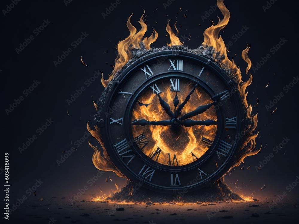 Clock on fire. clock face consumed as time black background. ai ...