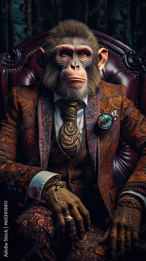 Old monkey dressed in an elegant modern suit with a nice tie. Fashion ...