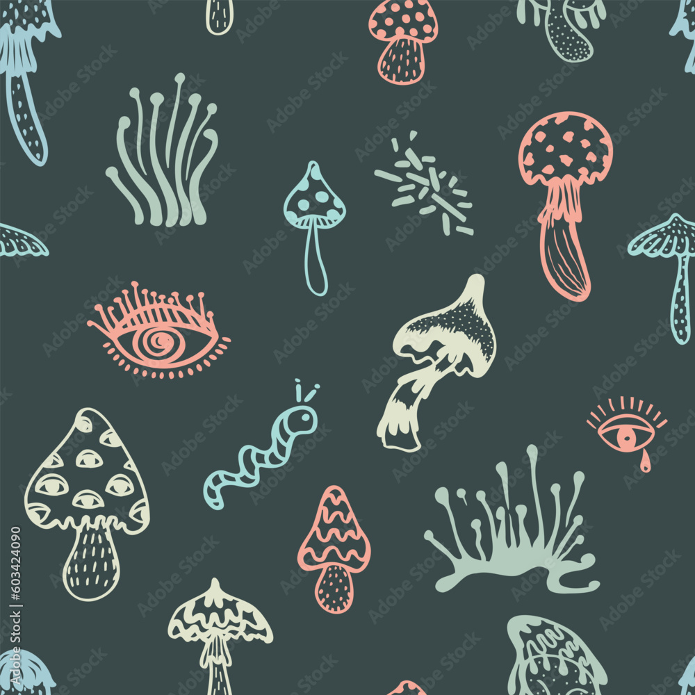 Seamless pattern of groove mushroom elements Psychedelic symbols on ...