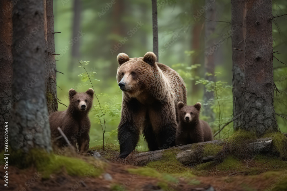 Touching Bear Family: Mother and Cubs Bonding in the Forest. Generative ...