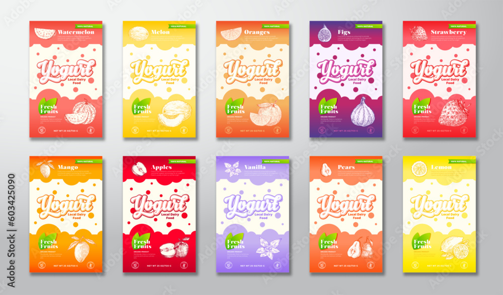 Fruits and Berries Yogurt Label Templates Set. Abstract Vector Dairy ...