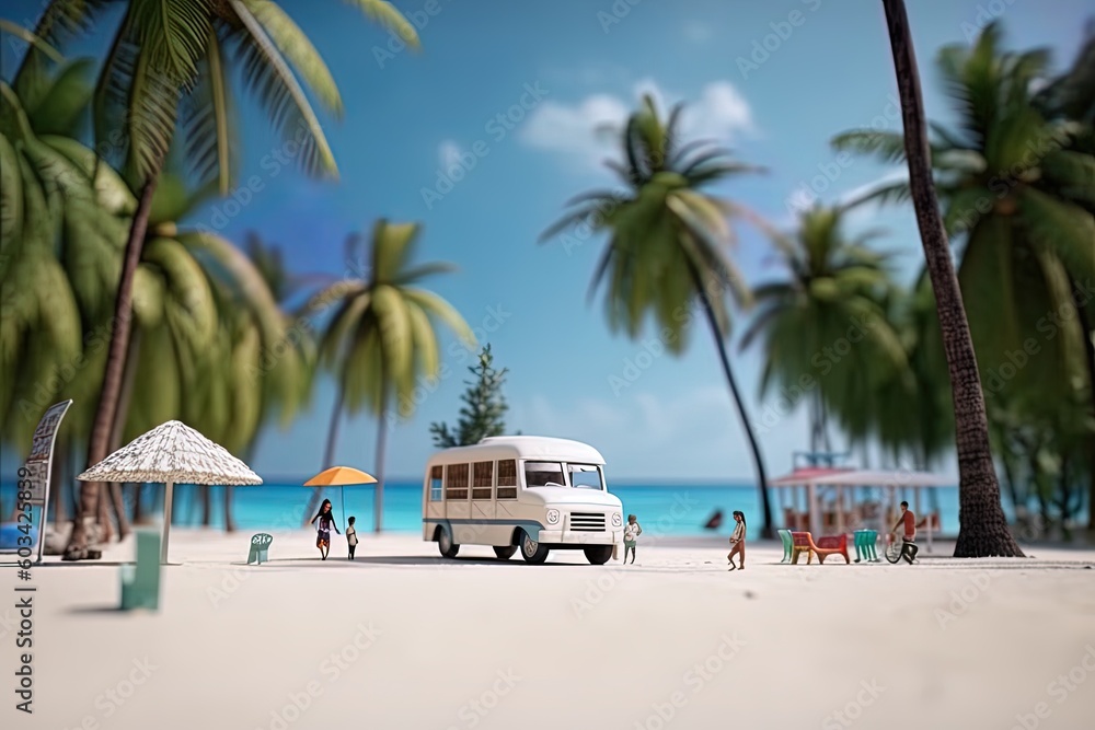 Beach diorama-style with plastic toys, summer resort in a caribbean ...