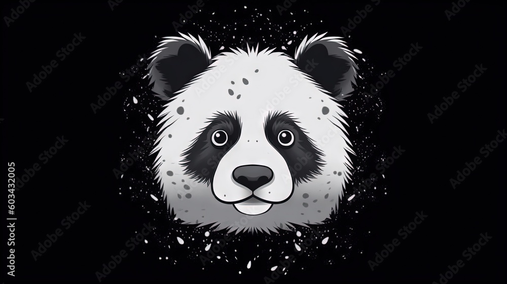 a panda bear's face with a black background and white spots on it's ...