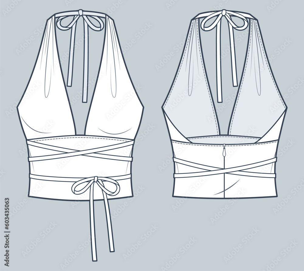 Halter Top technical fashion Illustration. Tie Top fashion flat ...