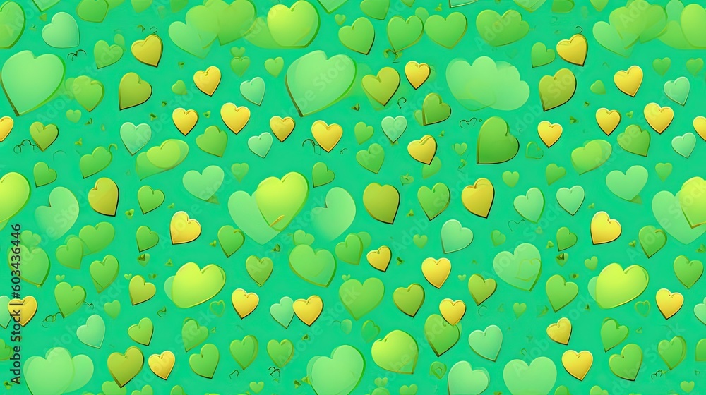 a lot of green and yellow hearts on a green background with a yellow ...