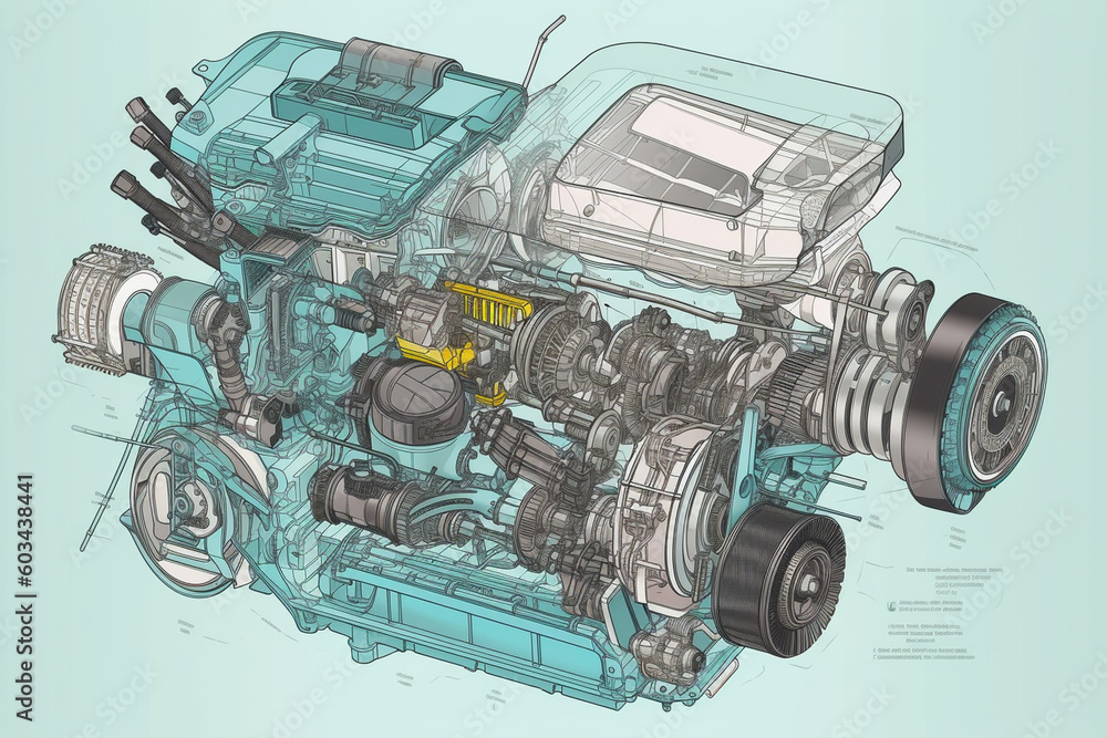 Cross-section illustration of a car engine, highlighting the interplay ...