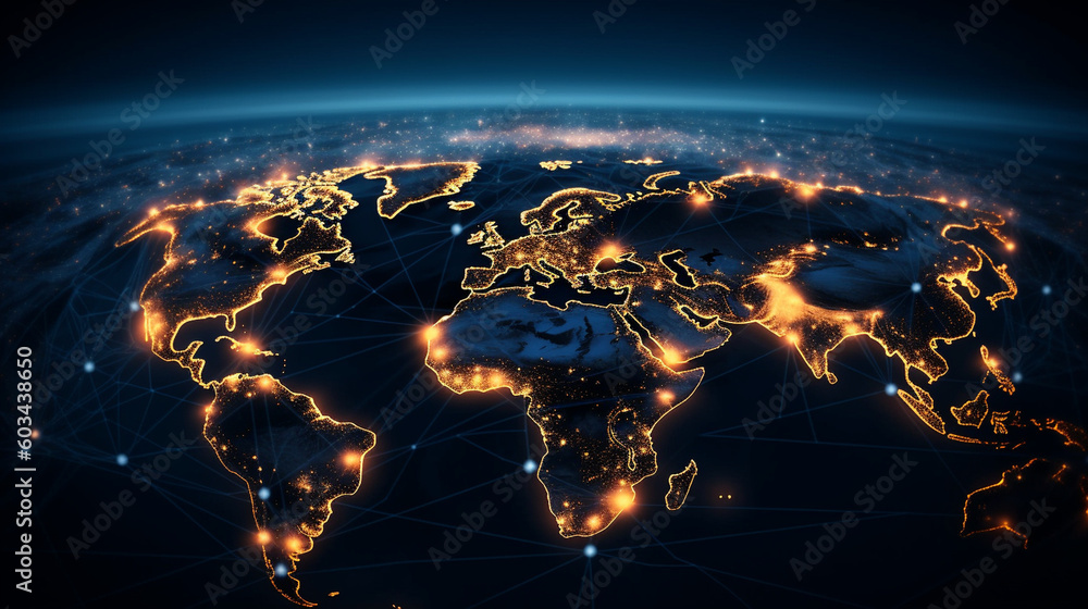 A global map with glowing dots indicating interconnected data centers ...