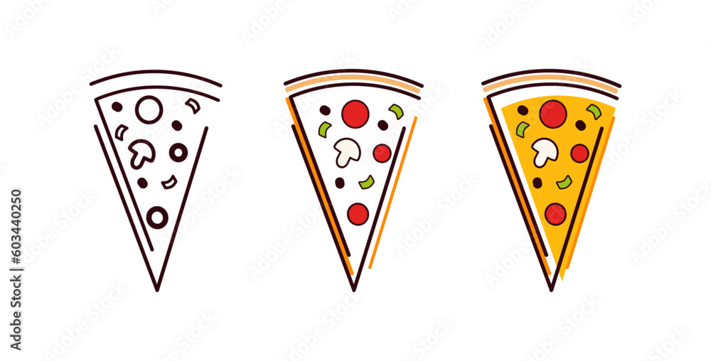 Pizza Set. Sketch, stroke, line, outline and colored. Vector badges ...