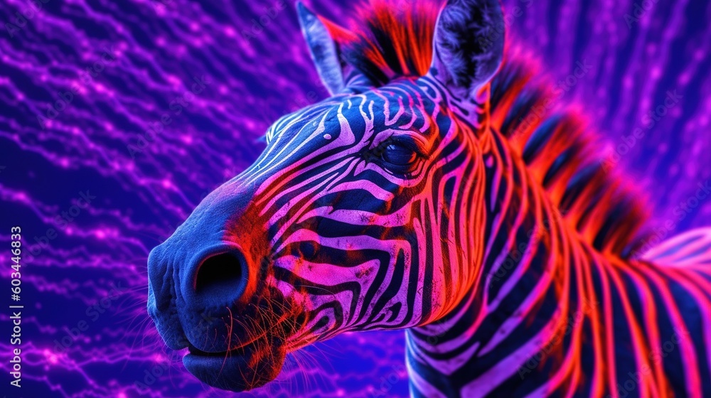 a zebra is standing in front of a purple background with red and blue ...