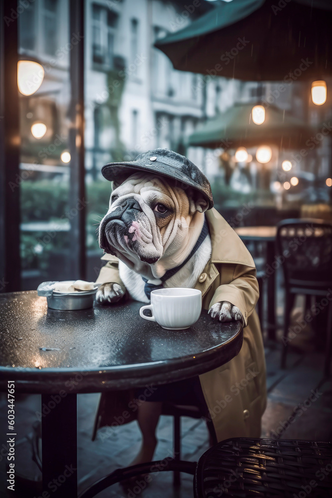 Generative AI illustration of Bulldog dog sitting at the table of a ...
