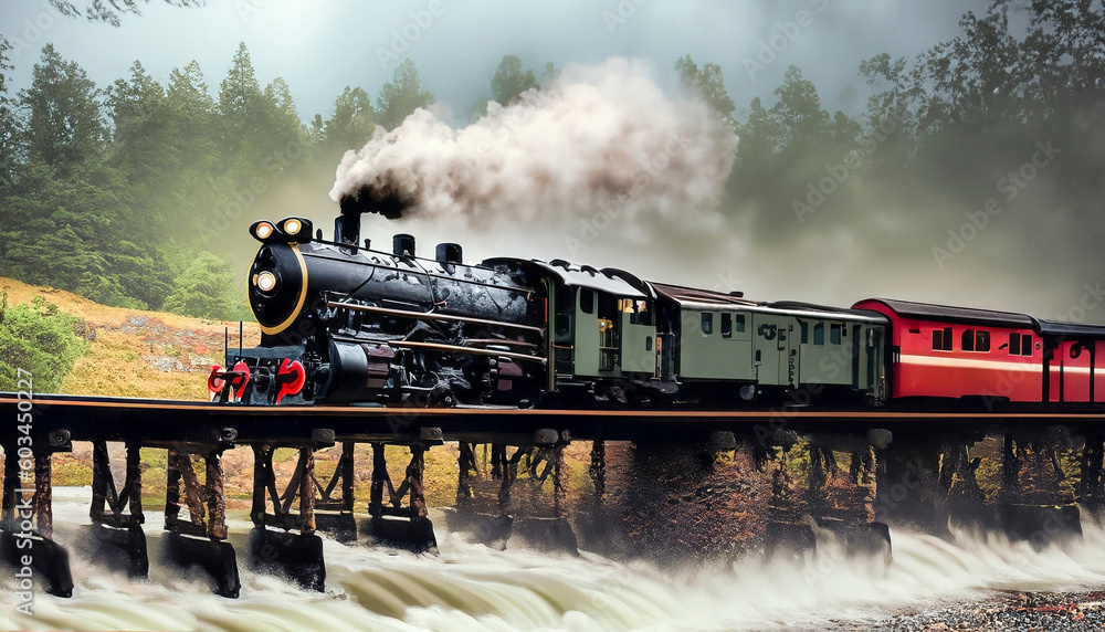 generative AI steam locomotive pulling a train across a wooden girder ...