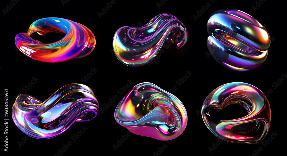 Bold holographic liquid metal shapes set isolated. Iridescent wavy ...