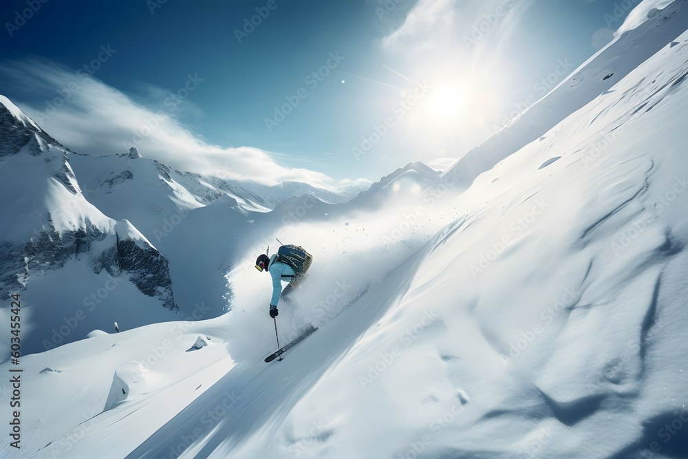 Exciting skiing in untouched powder snow with stunning views and sunny ...