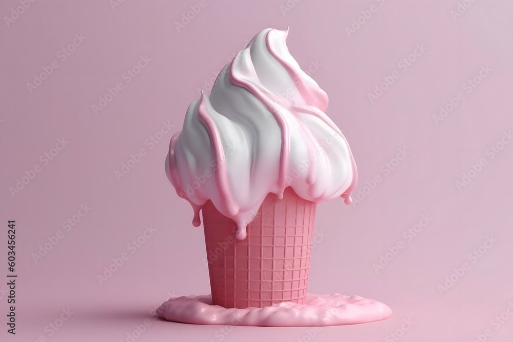 Simple 3D model of a pink and white soft-serve ice cream. Minimalist ...
