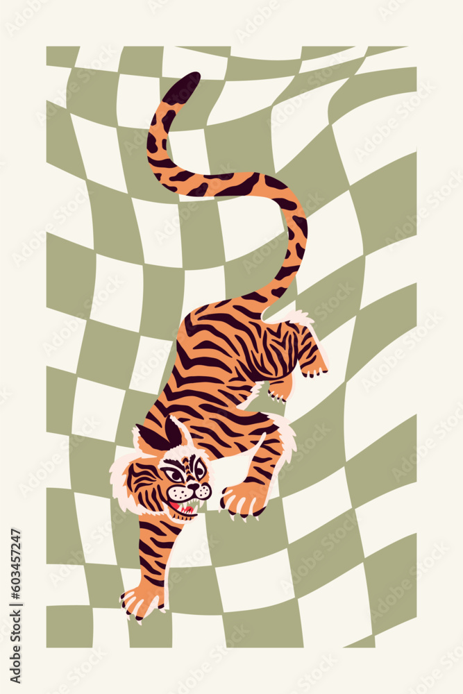Groovy hippie 70s pattern with abstract tiger. Indian oriental and ...