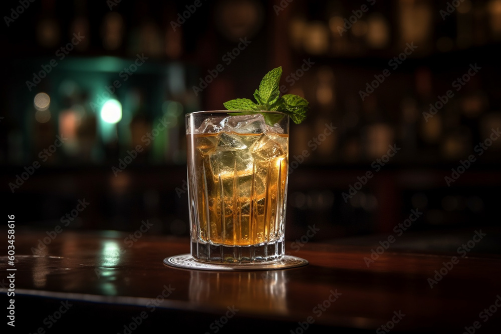 Cocktail en vaso clásico con liquido de color ambar y hielos con hojas ...