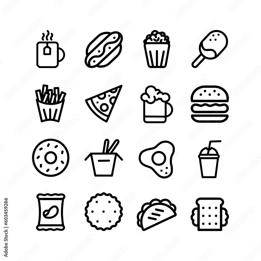 Fast food vector icon set with text. Pizza, taco, hamburger, fries ...