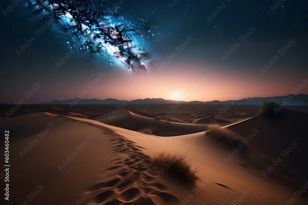 Surreal sand dunes at dusk with a gradient starry sky. , .highly ...