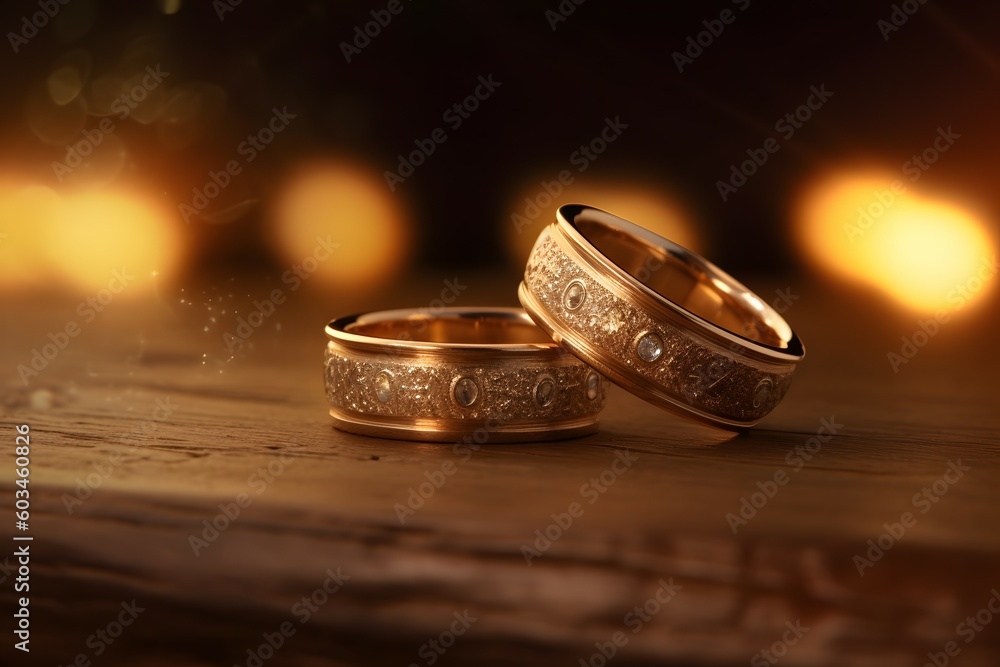 Two gold wedding bands with sparkling details on a brown background ...