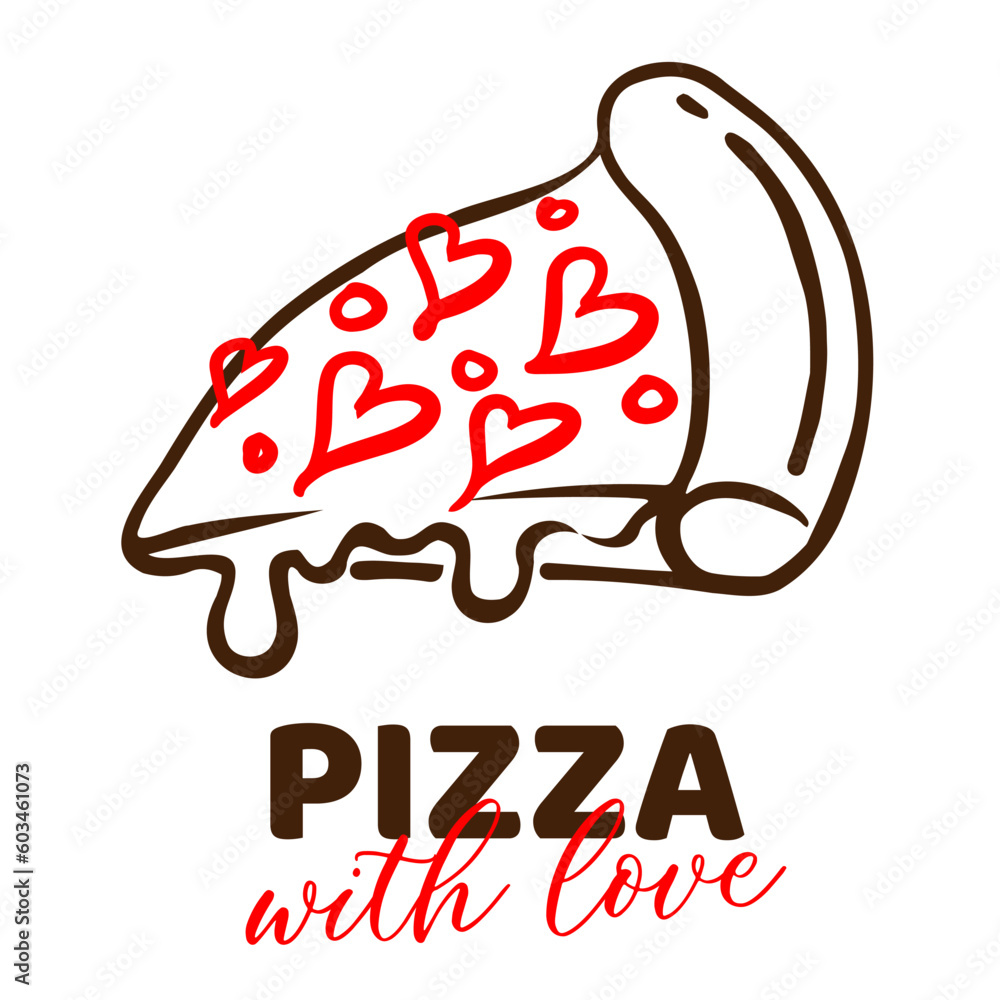 Pizza with love doodle outline vector logo. Slice of pizza with hearts ...