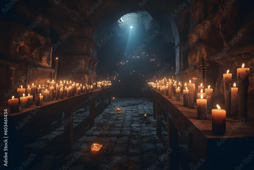 Medieval catacombs with torches, generated by AI. Nightmarish and ...