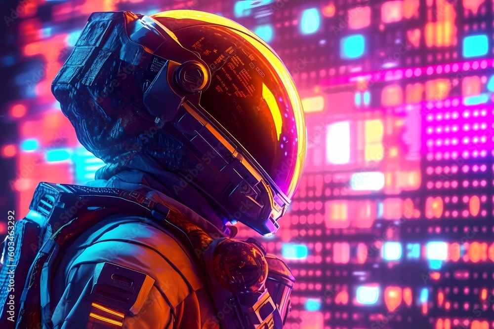 Retrowave Neon illustration of male wearing space suit figure accessing ...