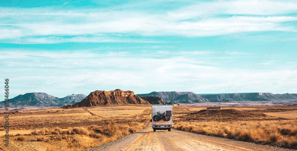 motorhome in desert landscape- vacation, adventure, road trip concept ...